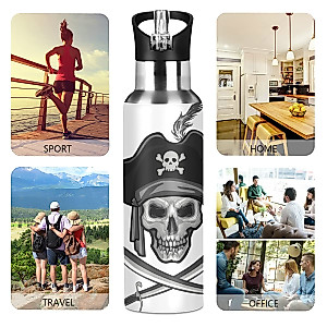Yasala Water Bottle Pirate Skull Sword Grey Coffee Thermos Stainless Steel Insulated Beverage Container 20 oz with Straw Lid BPA-Free for Sport, Travel, Camping, Back to School