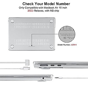 EooCoo Compatible with New MacBook Air 15 inch Case 2023 Release A2941 M2 Chip Liquid Retina Display & Touch ID, Plastic Hard Shell Case + Keyboard Skin Cover + Screen Protector, Crystal Clear