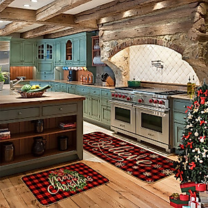 DXSHCG Christmas Kitchen Floor Mats Plaid Snowflakes Set of 2, Non-Slip Kitchen Mats, Holiday Party Home Kitchen Christmas Decorations - 17x29 and 17x47 Inches