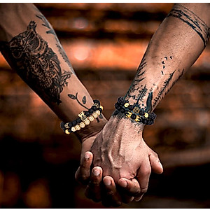 SONNYX 4Pcs 8mm Crown King Charm Beads Bracelet for Men Women Natural Black Matte Onyx Stone Beads Elastic Adjustable