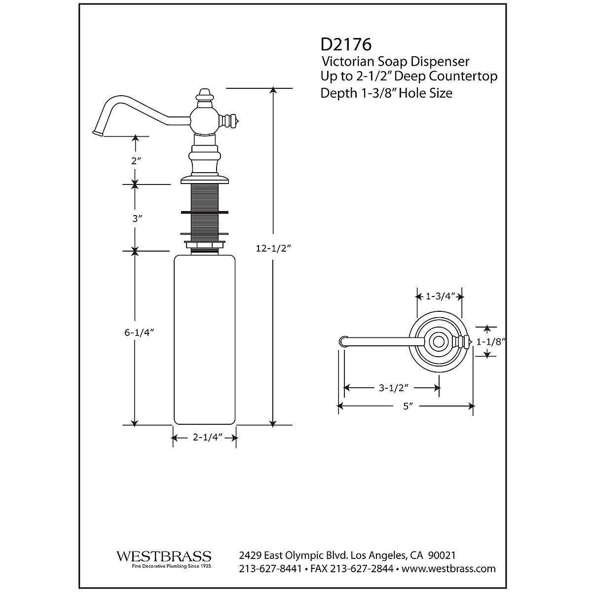 Westbrass Victorian Style Kitchen Sink Soap/Lotion Dispenser, Polished Brass, D2176-01