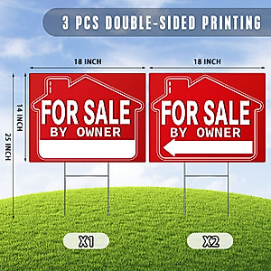 For Sale By Owner Yard Sign (3 Pack), 18" X 14" Double-Sided Yard Signs with Metal H Stakes，For Sale By Owner Signs for Real Estate, Perfect for Home Owners Real Estate Directional Arrows Signs, House