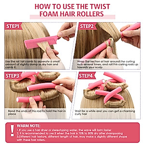 Tigeen Flexible Soft Twist Foam Hair Rollers - 96 Pieces, 9.45 Inch, No Heat, with 2 Rat Tail Combs for Women (Multi Size, Multi Color)
