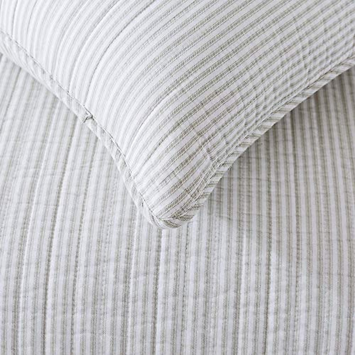 Soul & Lane Cotton King Ticking Stripe Quilt: Gray Striped Quilt, Farmhouse Bedding Coverlet, Greige Comforter and Blanket, Country Pinstripe Coverlet (Shams Sold Separately)