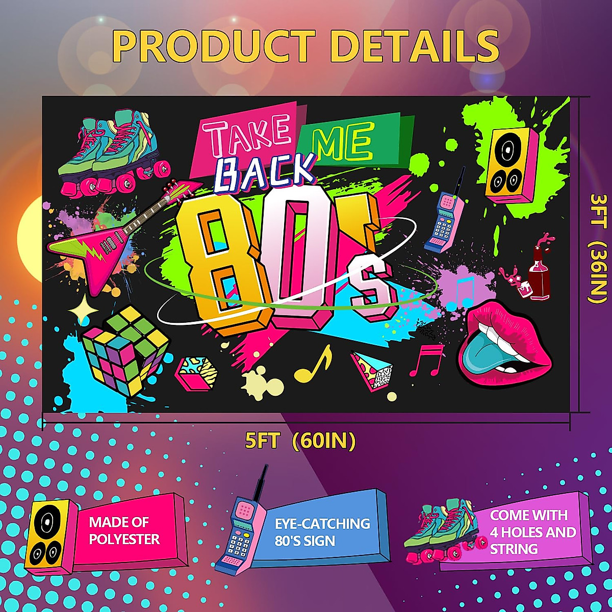 5x3ft 80s 90s Party Decorations, 80s Theme Party Backdrop for Photography Graffiti Wall Decor, Back to The 80s Retro Hanging Background for Birthday Party (80s)