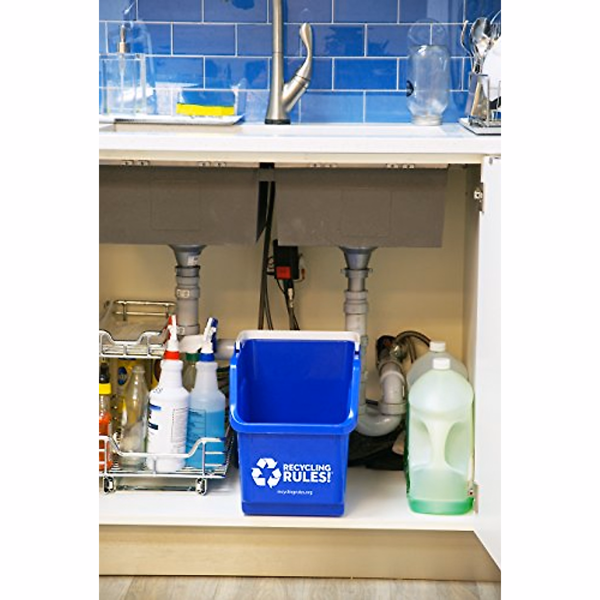 Recycling Rules 6 Gallon Stackable Recycling Bin Container in Blue, Eco-Friendly BPA-Free Handy Recycler with Handle, 4-Pack