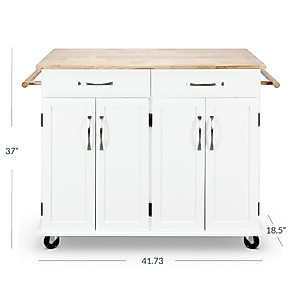 BELLEZE Rolling Kitchen Island Cart on Wheels with Storage Cabinet, Mobile Kitchen Cart Island Table with 2 Drawers Towel Racks Rubber Wood Top Coffee Bar for Dinning Room, 41.7”Lx18.5”Wx37”H, White