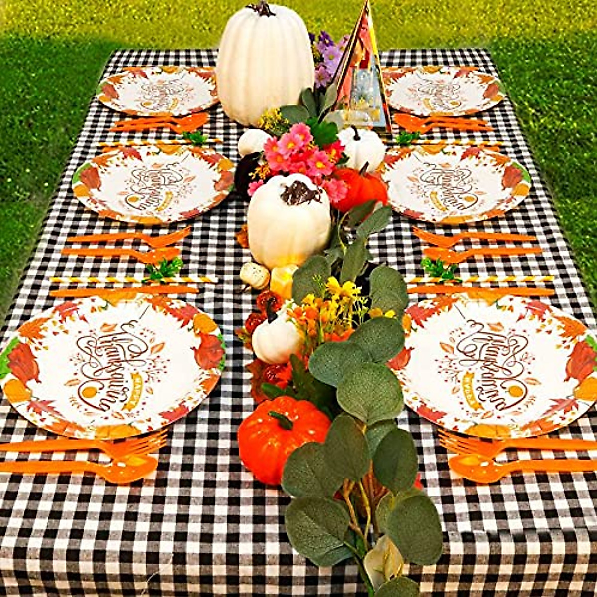 Disposable Thanksgiving Plate And Napkin Set - Pack of 72 - Fall Dinner Party Decorations - Thankful, Grateful Party Supplies - Cups, Cutlery Holder, Napkins Parties Pack - Pumpkins Turkey, Leaves