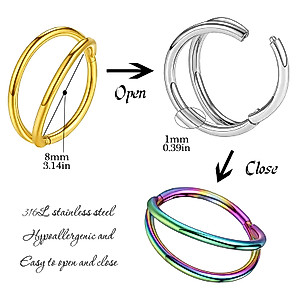 16g Nose Rings Hoops Double Septum Rings Clicker Cartilage Hoop Earring Surgical Steel Nose piercing Hoop Open Stacked Hoop Nose Rings for Women and Men, 8MM, Stainless Steel, no gemstone