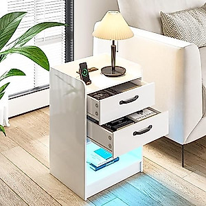 White Nightstand Set of 2 with Charging Station and LED Lights, Modern End Side Table with 2 Drawers and Open Storage for Living Room, Night Stands for Bedrooms Set of 2 White