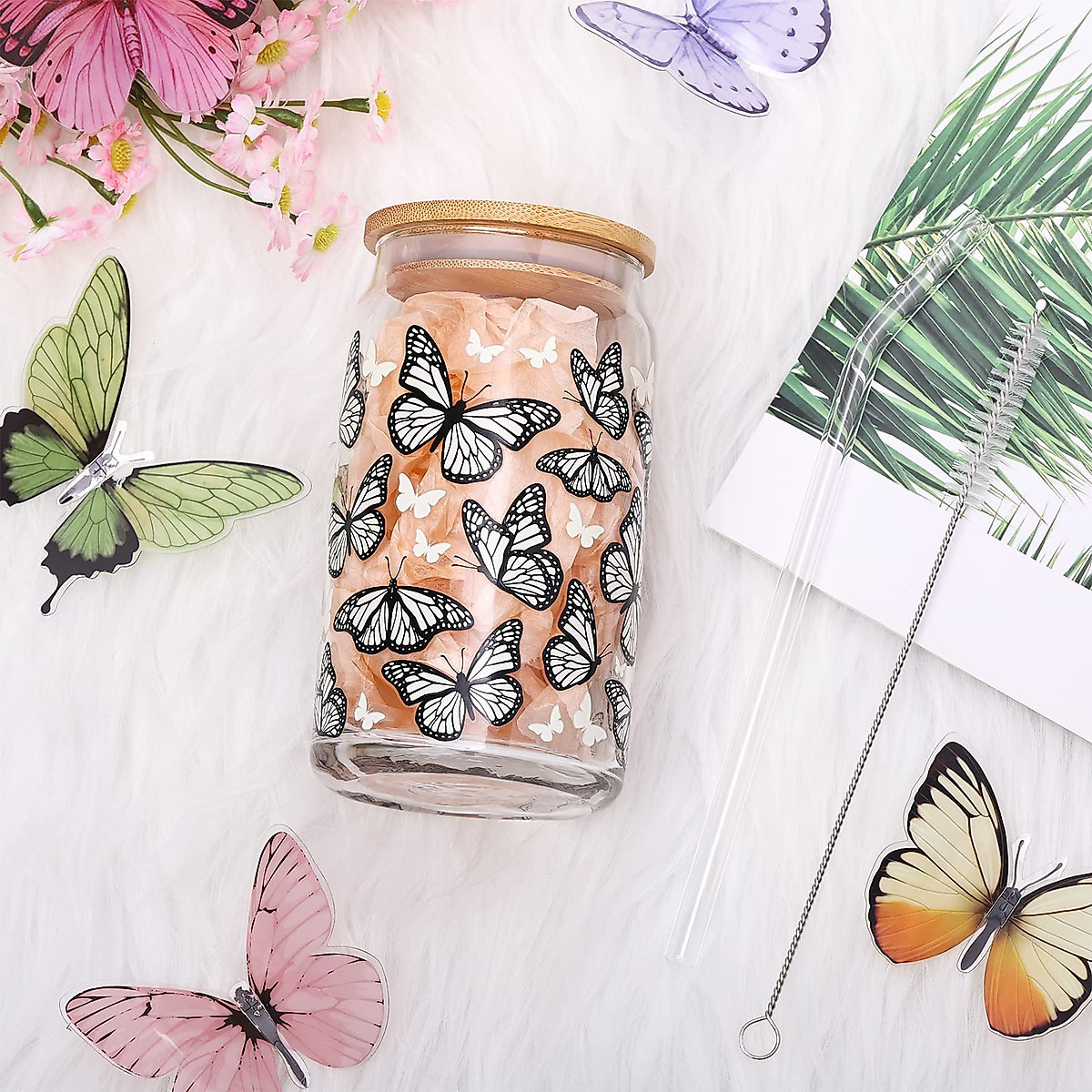 Nefelibata Monarch Butterfly Beer Can Glass Color Changing Iced Coffee Glass 16 OZ Orange Butterflies Art Glass Mug Present with Lid Drinking Straw Spring Summer Memorial Gifts for Mom Aunt Friend