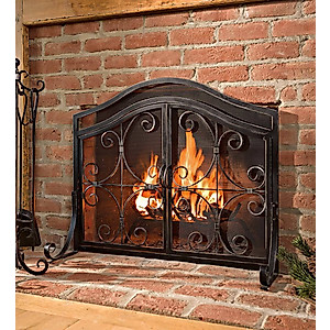 Plow & Hearth Metal Fireplace Screen Crest Arch Black | 44" W x 33" H | 2 - Door | Spark Guard Indoor Grate | Iron Fire Place Cover | Wood Burning Stove Decorative Accessories