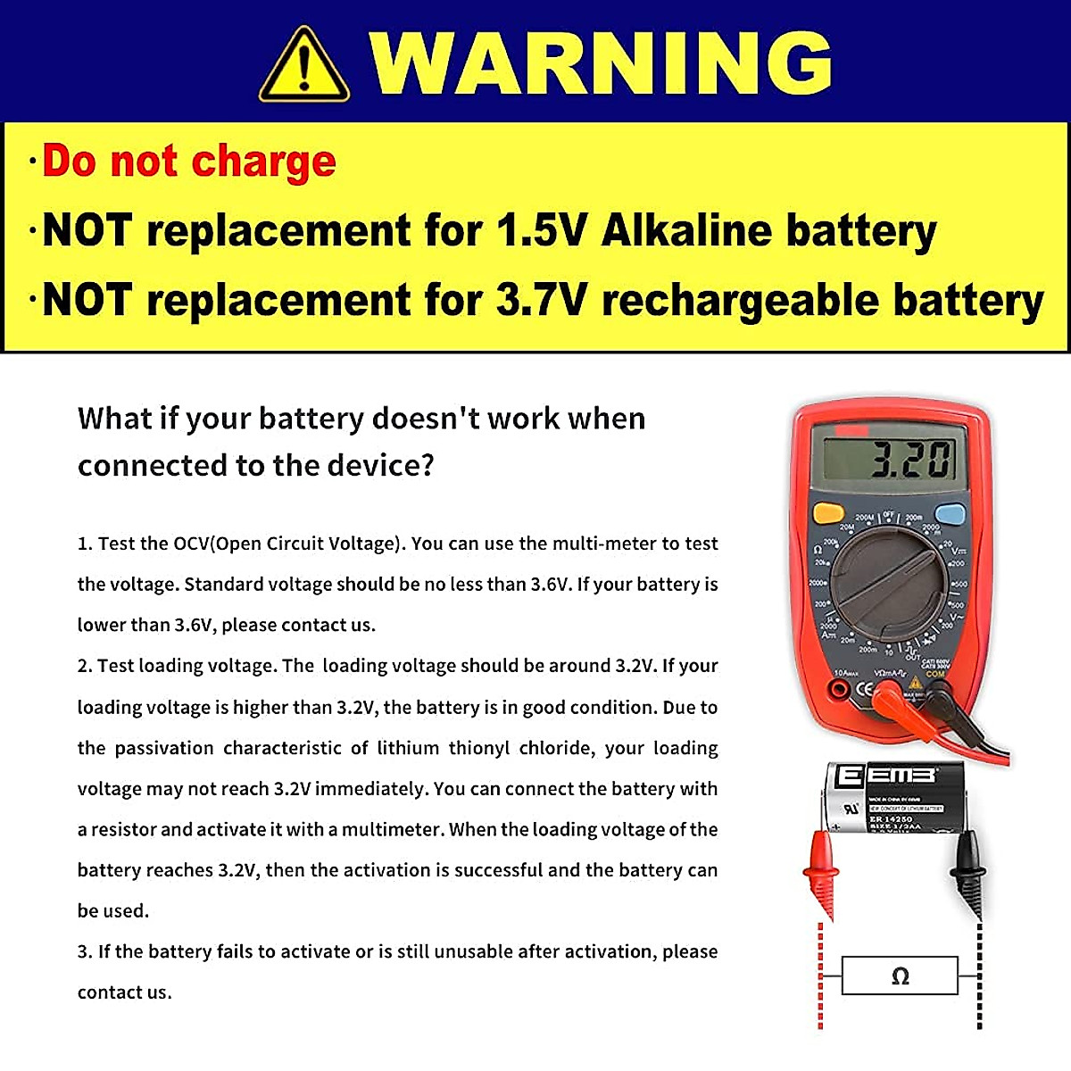 EEMB 50Pack ER14250 1/2AA 3.6V Lithium Battery with AX Solder Tabs Li-SOCL₂ Non-Rechargeable Battery XL-050F SB-AA02 LS14250 TL-5902 TL-2150 for Slot Machine/Game chip Board
