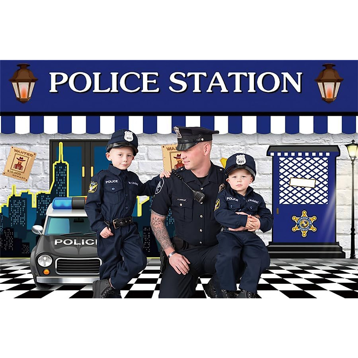 Police Station Backdrop Police Theme Large Police Booth Car Gray Brick Wall Photography Background Wanted White and Black Road Cool Boy Man Birthday Party Baby Shower Guy Room Wallpaper 7x5ft