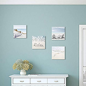 Coastal Artwork Beach Wall Art: Starfish & Chairs on Sand Painting with Word Picture on Canvas for Living Room (12” x 12'' x 4 Panels)