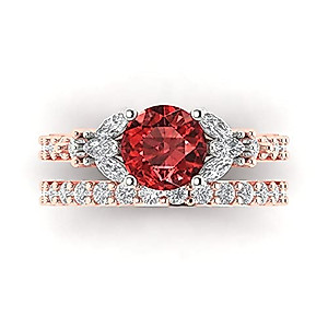 Clara Pucci 2.82ct Round cut Solitaire 3 stone Natural Red Garnet Designer Art Deco Statement Wedding Ring Band Set 18K Rose White Gold 6
