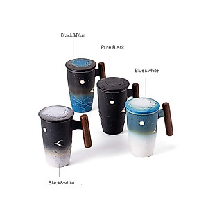 TANG PIN Moonlight Deer Ceramic Tea Cup with Infuser and Wooden Handle Steeping Mug 13.5 OZ (Black&White)