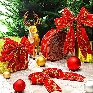 50 Yards Merry Christmas Wired Ribbon 2.5 Inch Wide, Christmas Velvet Candy Wrapping Ribbon, Gold Trim Wrapping Ribbon Roll for Christmas Party Gift Decoration Craft Wreath Bow Making (Red)