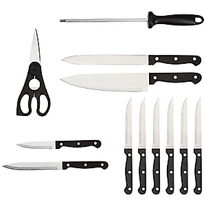 Amazon Basics Non-Stick Cookware Set, Pots, Pans and Utensils - 15-Piece Set & 14-Piece Kitchen Knife Set with High-Carbon Stainless-Steel Blades and Pine Wood Block