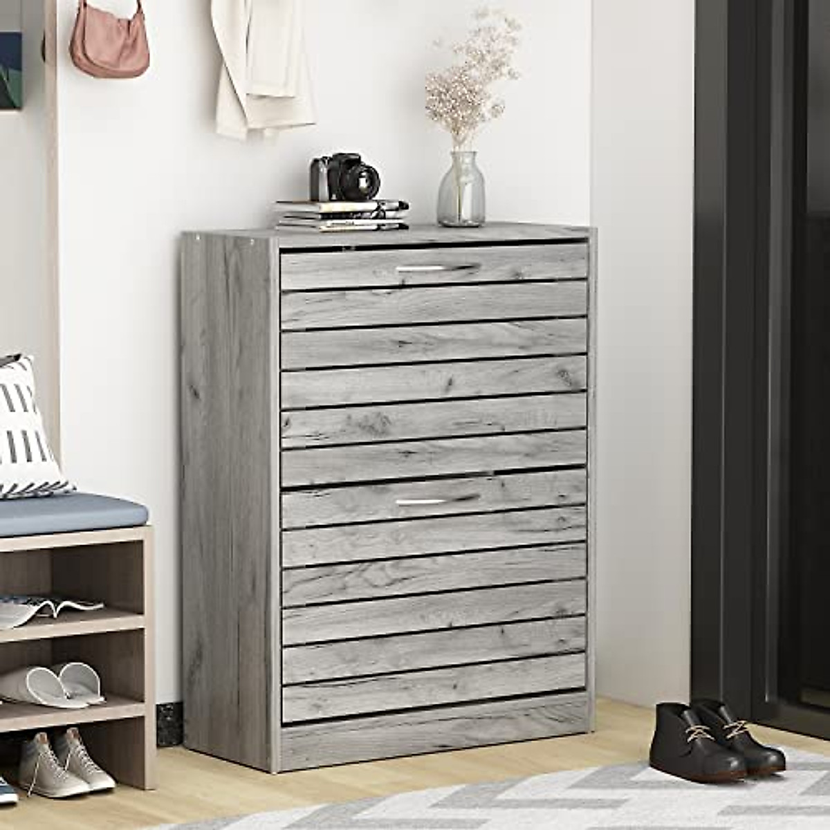 Homsee Modern Shoe Storage Cabinet with 2 Flip Drawers & Louver Doors, Wood 2-Tier Shoe Rack Storage Organizer for Entryway, Hallway & Bedroom, Grey (22.4”L x 9.4”W x 29.5”H)