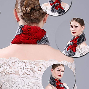 Valpeak Real Fur Scarves Women Winter Fur Neck Warmer Scarf Cold Weather Rabbit Knitted Fuzzy Fluffy (graywithred)