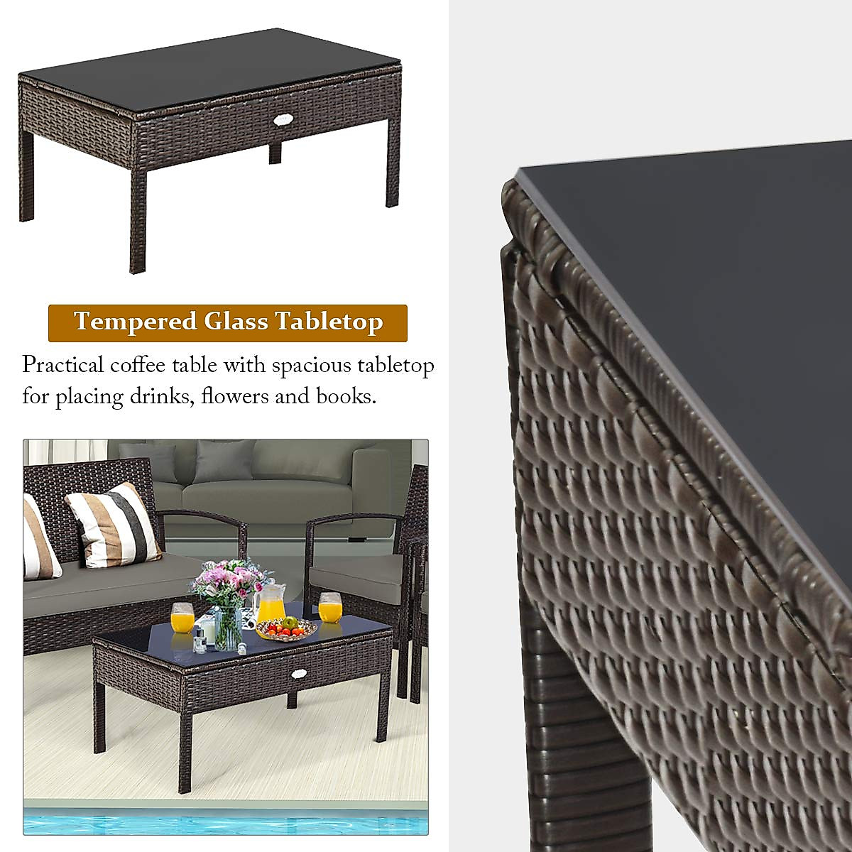 Toolsempire Outdoor Conversation Set 4 Pieces Patio Furniture, Wicker Patio Chair Sofa Set with Water-Resistant Dark-Brown Cushion & Tempered Glass Table for Backyard, Balcony, Porch(Brown)