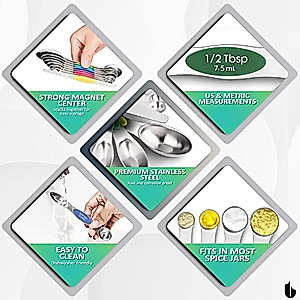 Urbanstrive Magnetic Measuring Spoons Set Stainless Steel, Dual Sided for Liquid Dry Food, Measuring Cups Spoons Set Fits in Spice Jar, Kitchen Gadgets, Cooking Utensils Set, Including Leveler, 8Color