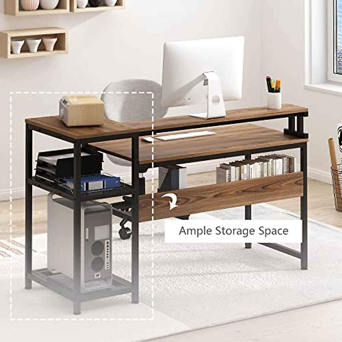 soges 62 Inch Computer Desk with Elevated Monitor Shelf, Home Office Desk with Storage Shelves, CPU Stand, Study Writing Table Workstation with Printer Stand