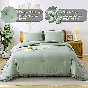 Andency Comforter King Size Bed Set Sage Green, 3 Pieces Boho Lightweight Winter Bedding Comforters & Sets, All Season Soft Tassel Bed Set (104x90In Comforter & 2 Pillowcases)