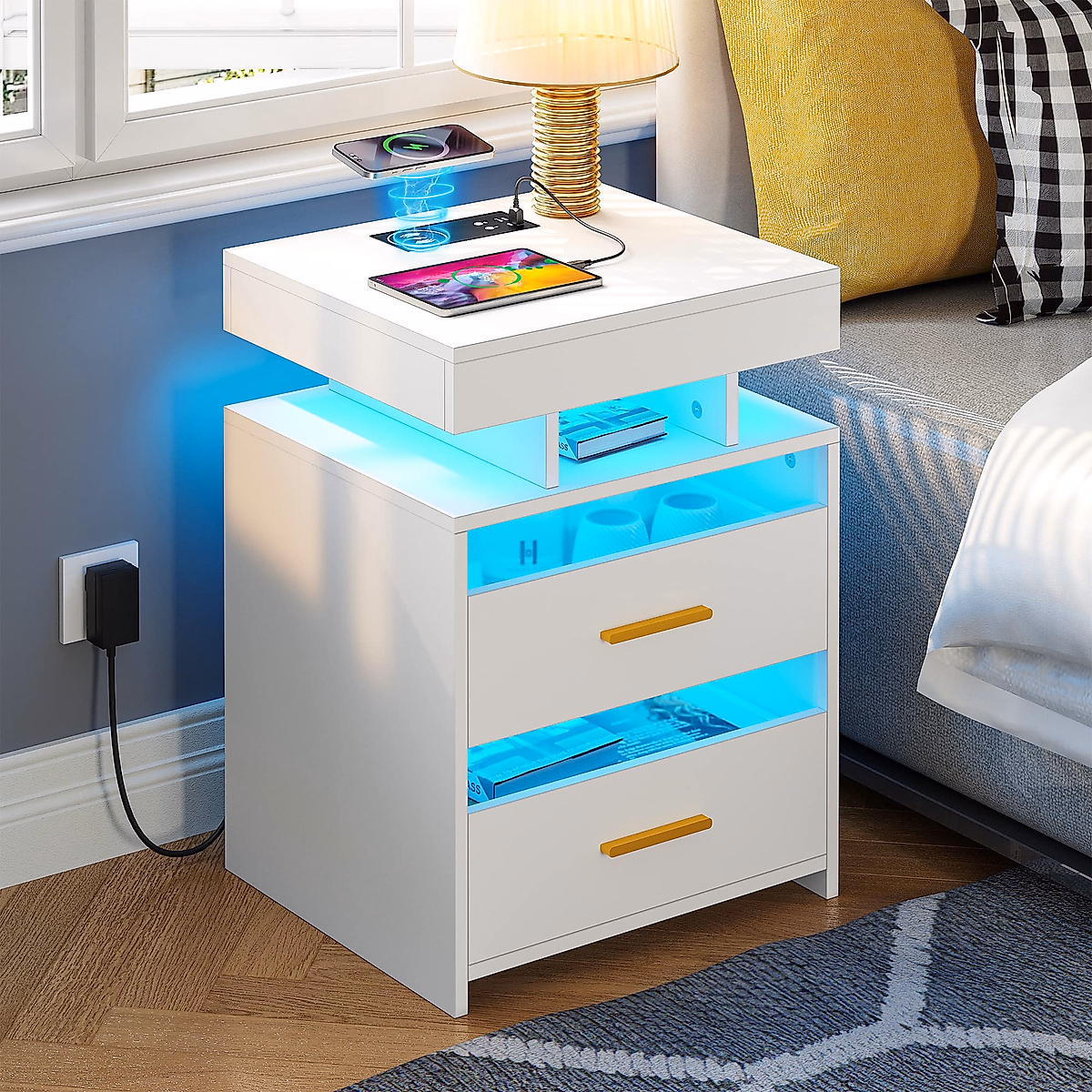 YITAHOME LED Nightstand with Wireless Charging Station, USB & Type-C Ports, Smart Night Stands with 2 Drawers for Bedroom, Modern Bedside Tables with Embedded LED Light Strip, Human Body Induction
