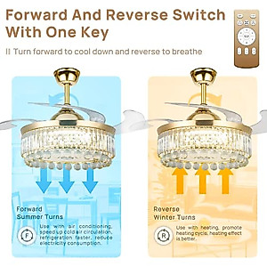 FINE MAKER 42" Ceiling Fan with Bluetooth Speaker,7 LED Colors Reversible 6 Fan Speeds Remote Control, Crystal Chandelier Ceiling Fan,Retractable Blades Fandelier Lighting Fixture fan for bedroom Gold