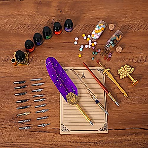 TIANREN Calligraphy Feather Dip pen set with 6 bottles of ink,Quill Pen,Wooden Dip Pen,Glass Dip Pen,Wax Seal Stamp Kits,Pen Holder,spoon,Letter opener, Christmas Gift for Men&Women(Purple)