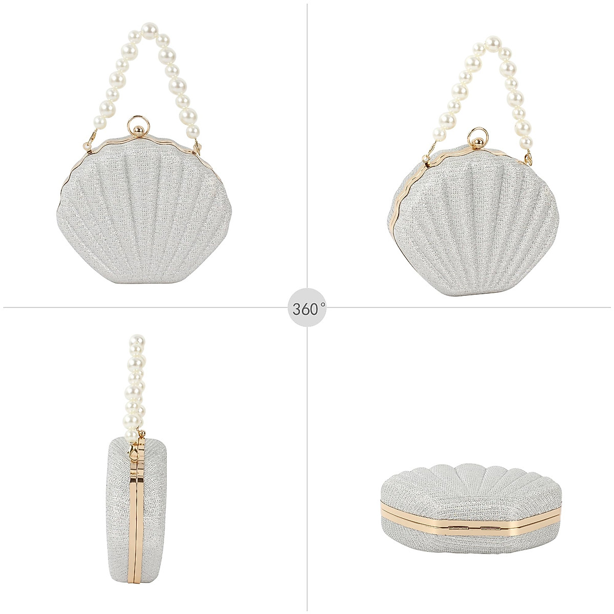 Women Mini Sequins Seashell Clutch Pearls Top-Handle Bag Chain Strap Cross-body Bag
