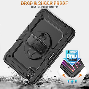 Timecity Case for iPad Pro 11 inch (1st, 2nd, 3rd, 4th Generation), Heavy Duty Rugged Protective Case with Built-in Screen Protector, Pencil Holder, 360 Rotating Stand&Handle, Shoulder Strap- Black