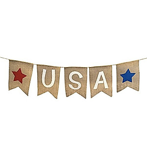 USA Burlap Patriotic Banner Bunting - 4th of July Party Decoration - Memorial Day Burlap Celebration Supplies - Honor Military Veterans Day Garland by Jolly Jon