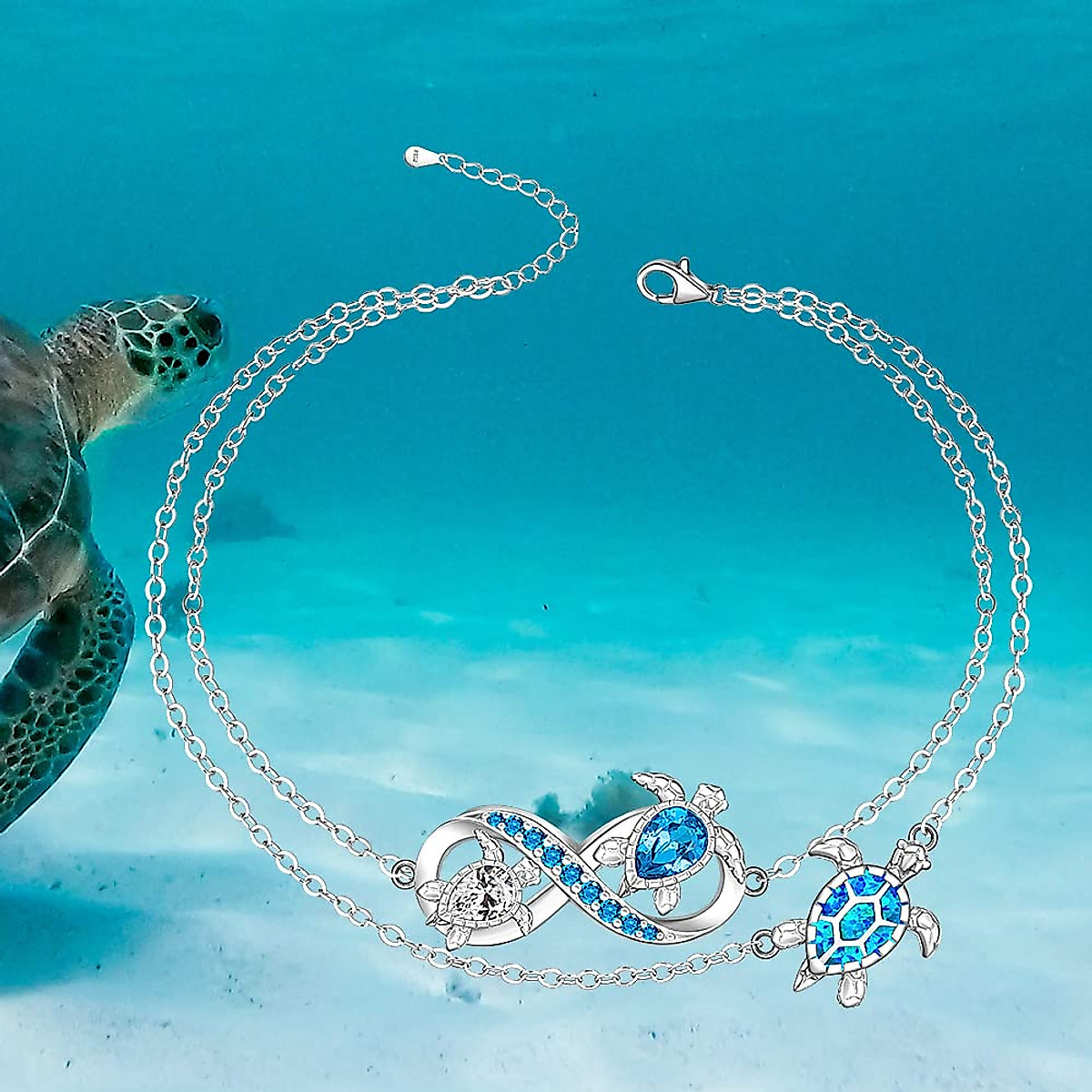 Turtle Anklet Blue Opal Sea Turtle Ankle Bracelets for Women Sterling Silver Infinity Wave Ocean Beach Summer Foot Bracelet Jewelry Layered Adjustable