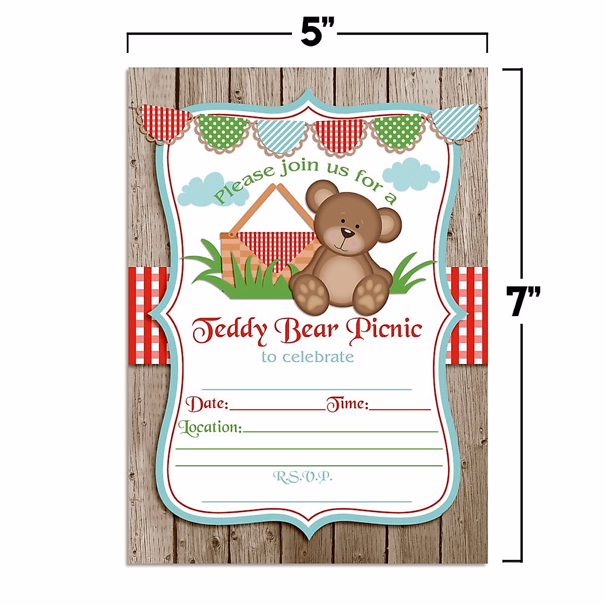 Teddy Bear Picnic Birthday Party Invitations, 20 5x7 Fill In Cards with Twenty White Envelopes by AmandaCreation