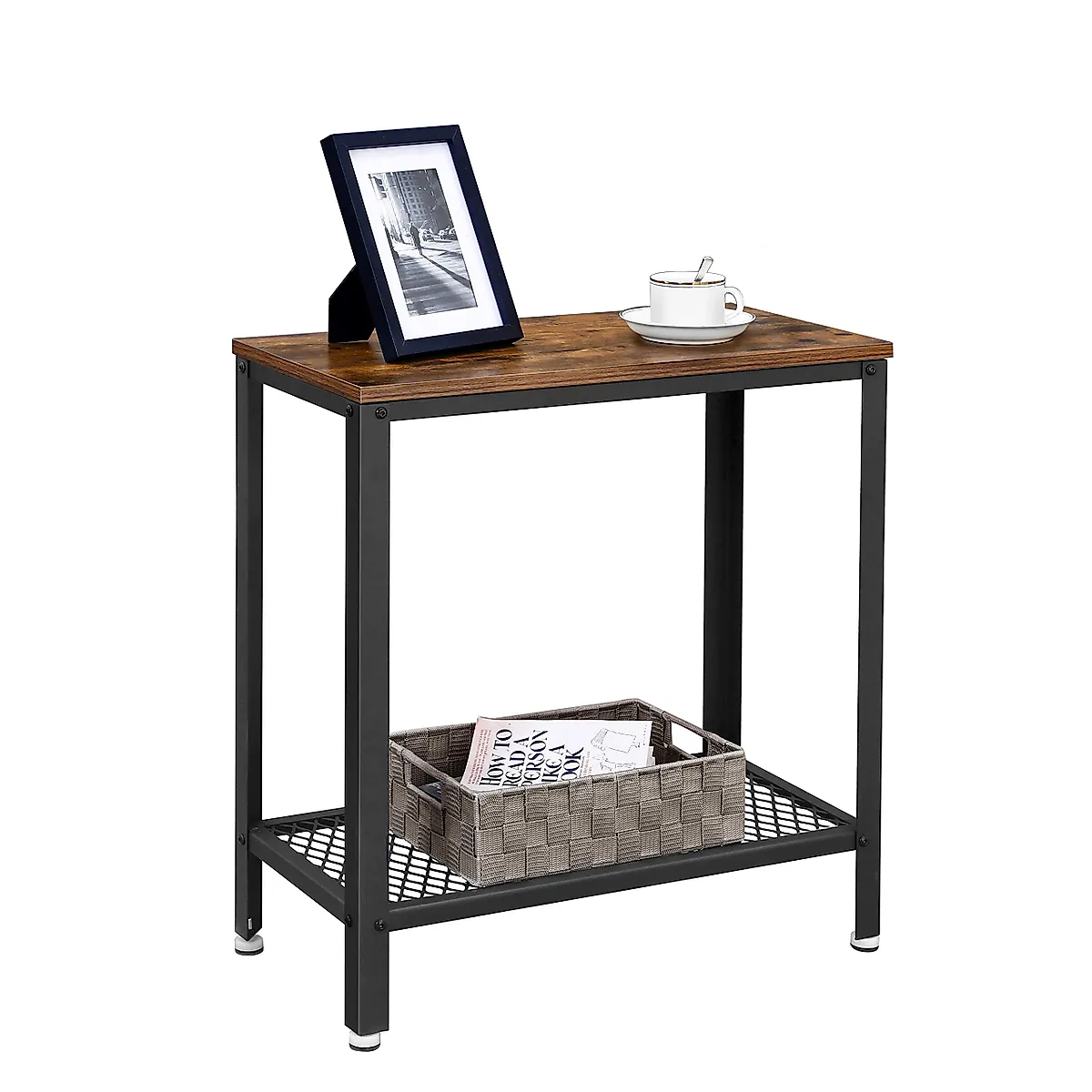 VASAGLE 2-Tier Narrow Side End Table for Couch, Rustic Sofa Printer Table with Mesh Shelf for Bedroom, Fish Tank Stand for Home, Office, Rustic Brown and Black