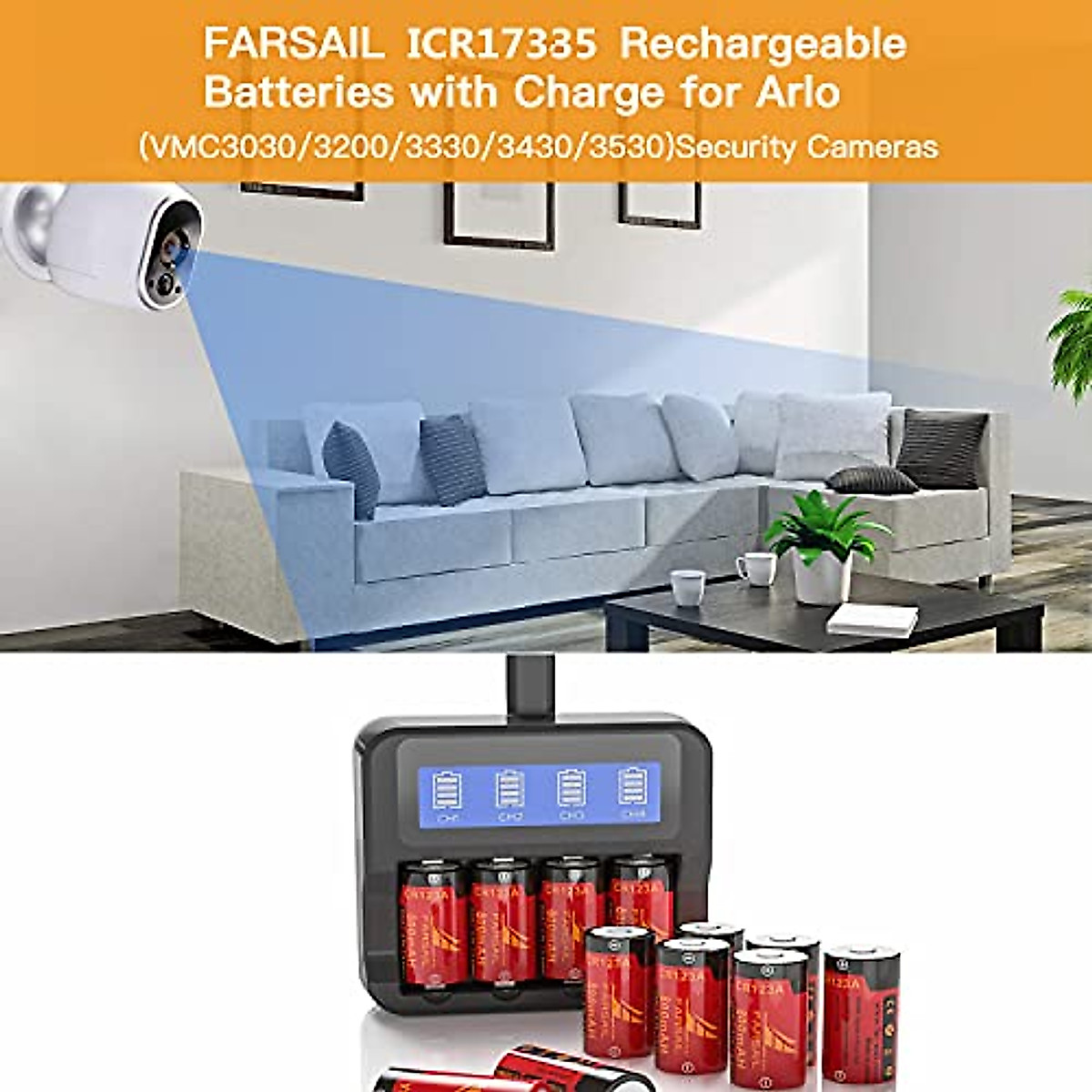 Arlo Rechargeable Batteries 123A Charger, FARSAIL 4-Pack 800mAH NiMH 123A Arlo Rechargeable Batteries for Arlo Camera VMS3130 VMC3030 VMK3200 VMS3330 3430 3530, Alarm System, Flasglight