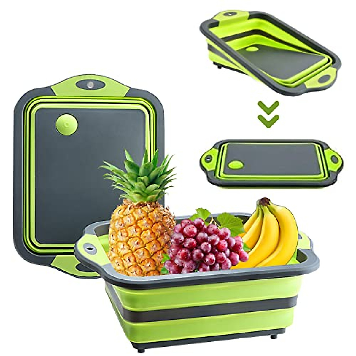 COMUSTER Collapsible Cutting Board - Portable Washing Veggies Fruits Food Grade Camping Sink (4.25 Gal) Space Saving 3 in 1 Multifunction Storage Basket for BBQ Prep/Picnic/Camping (Green)