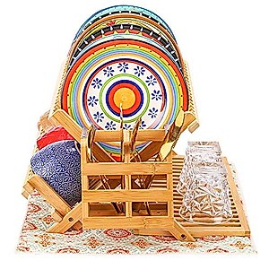 Bamboo Dish Rack, Dish Drying Rack Large, 3 Tier Bamboo Dish Holder, Collapsible Dish Drying Holder, Dish Drainer with Utensil Holder, Dish Organizer, Foldable, Large, Drying Mat included