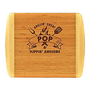 Pop Gift – Grillin Great Flippin Awesome Engraved 2-Tone Bamboo Cutting Board Custom Made For BBQ Grilling Fathers Day Birthday Christmas Grandpa Pop Pop Gifts From Grandkids Grandchildren (11.5x13.5)