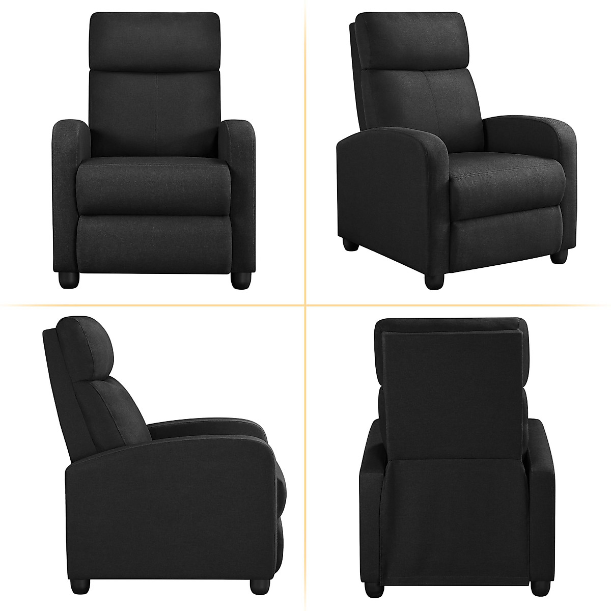 Yaheetech Fabric Recliner Chair Sofa Ergonomic Adjustable Single Sofa with Thicker Seat Cushion Modern Home Theater Seating for Living Room Matte Black
