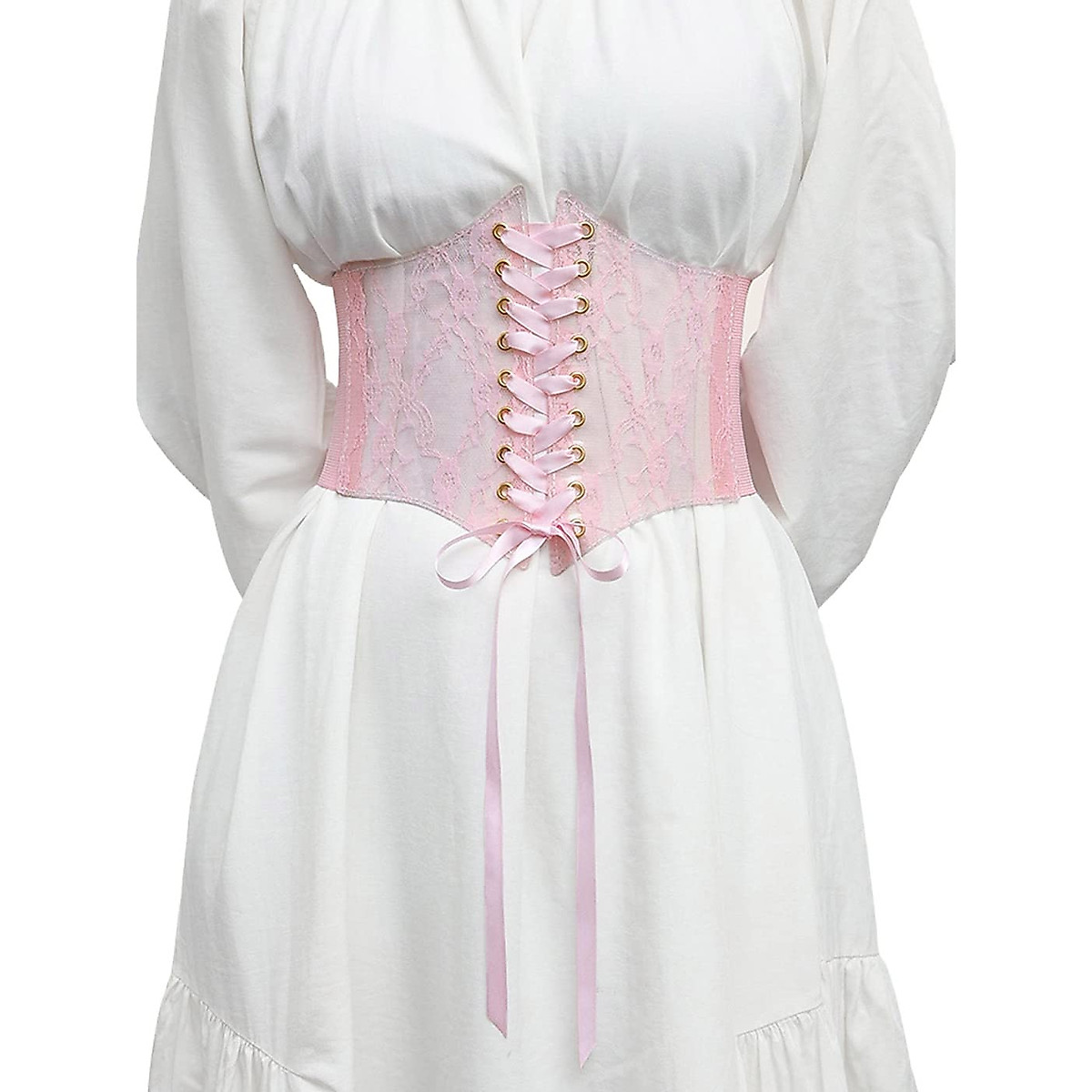 BODIY Women Lace Corset Belts Pink Elastic Cinch Belt Tied Waspie Wide Waist Bustiers for Dress Costume Dance Halloween Rave Accessory