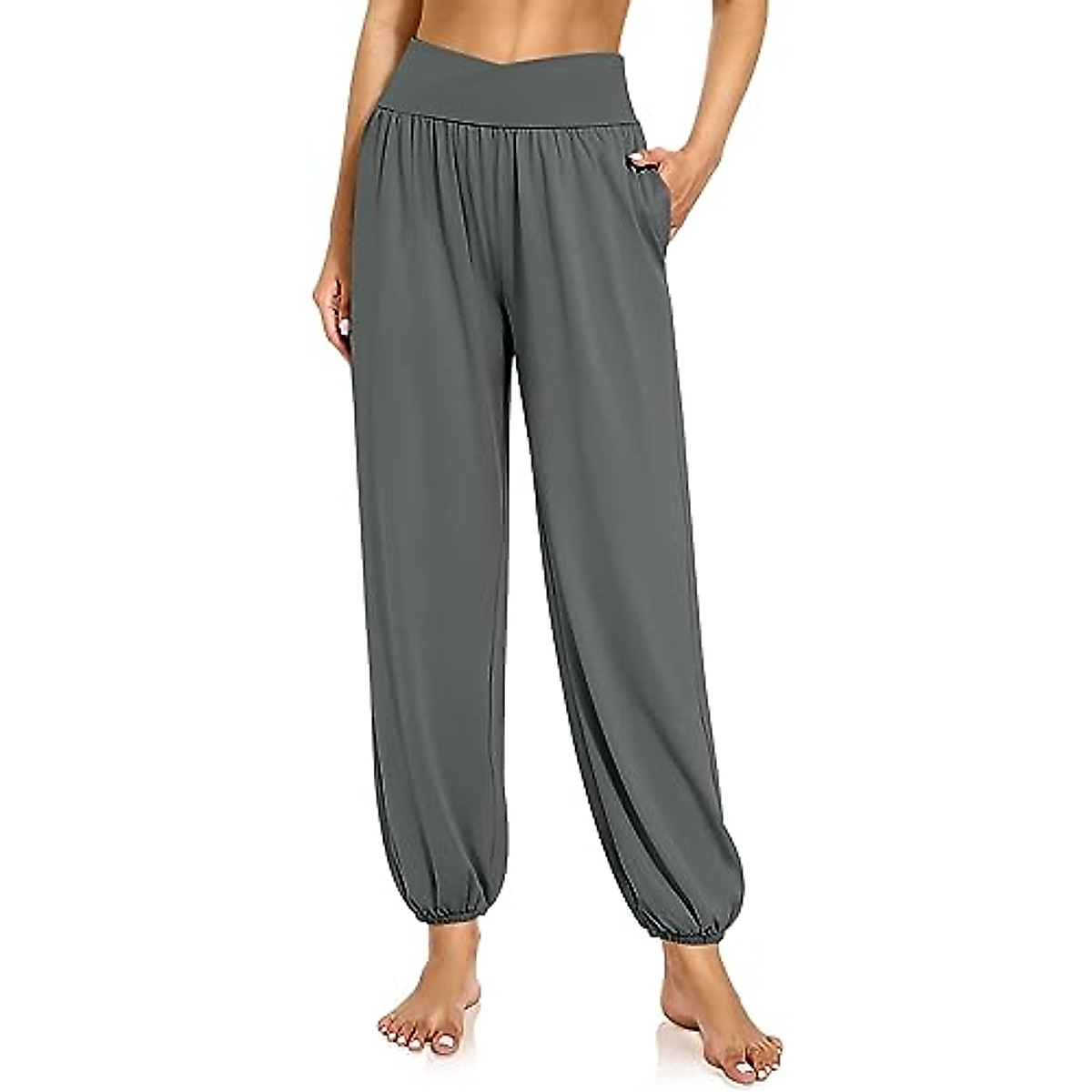 UEU Women's Harem Crossover High Waisted Flowy Pants Yoga Joggers with Pockets Lounge Pajamas Casual Loose Sweatpants MidGray XL