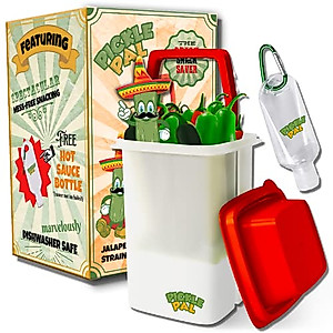 Jalapeno Container with Strainer Jar - Pickle Container with Strainer for Jalapeños, Chiles, Chamoy Pickle Food Storage | Pickle Jar with Strainer Flip 40 oz | Includes Hot Sauce Keychain | Pickle Pal