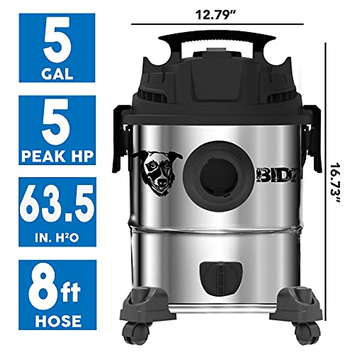BIDZ 5 Gallon, Powerful 5 Peak HP Motor, 63.5'' Water Lift Suction Power, Heavy-Duty Stainless Steel Semi- Commercial Shop Vacuum System, Commercial Grade 8FT Hose, Black (WD-512-SS-BIDZ)