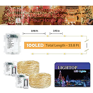 Fairy Lights Battery Operated Christmas String Lights 100 LED Waterproof Copper Wire Starry Twinkle Lights with 8 Modes Remote &Timer for Wedding Indoor Decor 2 Pack (Warm White)