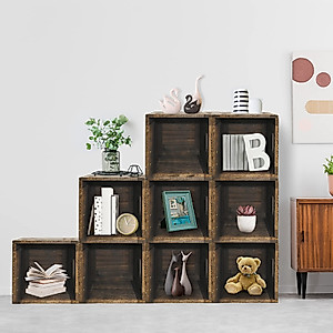 NC Luneodoki Wooden Decorative Storage Cube Boxes with Handles, 11” x Large Baskets For Shelves, Stackable Containers Organizing Bins Toy, Clothes, Books, Office, Rustic Brown