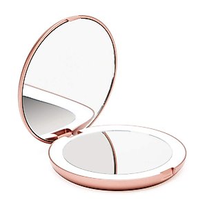 Fancii LED Lighted Travel Makeup Mirror, 1x/10x Magnification - Daylight LED, Compact, Portable, Large 5" Wide Illuminated Folding Mirror (Lumi) Rose Gold